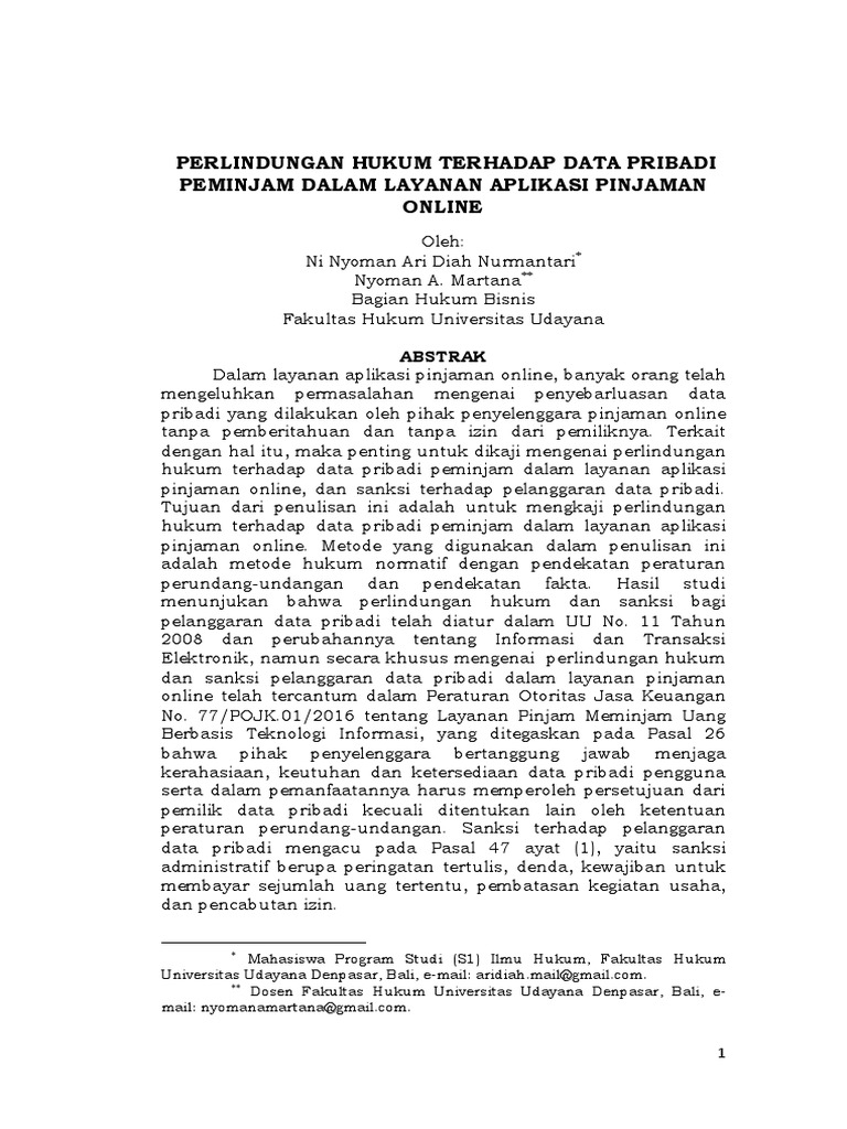 Perlindungan Hukum Terhadap Data Pribadi Peminjam Dalam Layanan Aplikasi Pinjaman Online | PDF