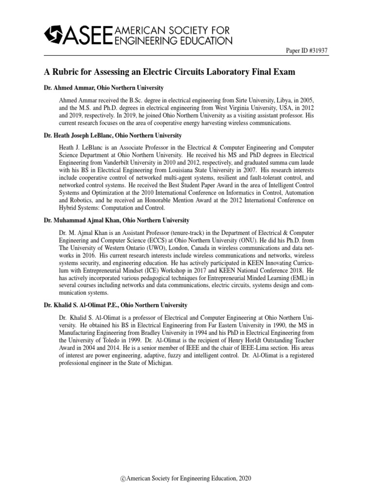 A Rubric For Assessing An Electric Circuits Laboratory Final Exam | PDF ...