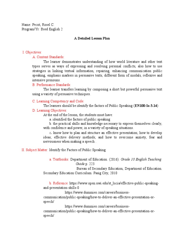 I. Objectives: A. Content Standards:: A Detailed Lesson Plan | PDF ...