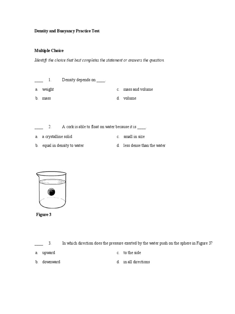 Density and Buoyancy Practice Test | PDF | Buoyancy | Density