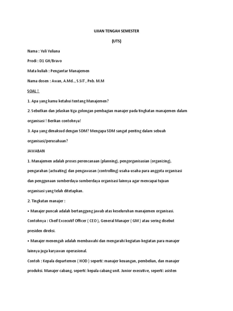 Uts Pengantar Management | PDF | Karier & Perkembangan | Pengembangan Diri