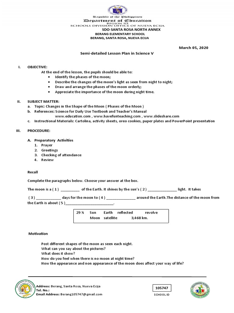 Semi Detailed Lesson Plan in Science Phases of The Moon | PDF | Moon ...