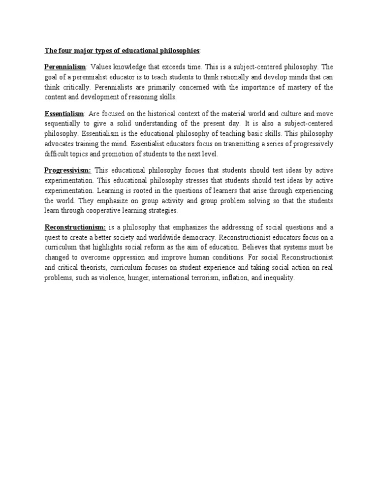 The Four Major Types of Educational Philosophies | PDF