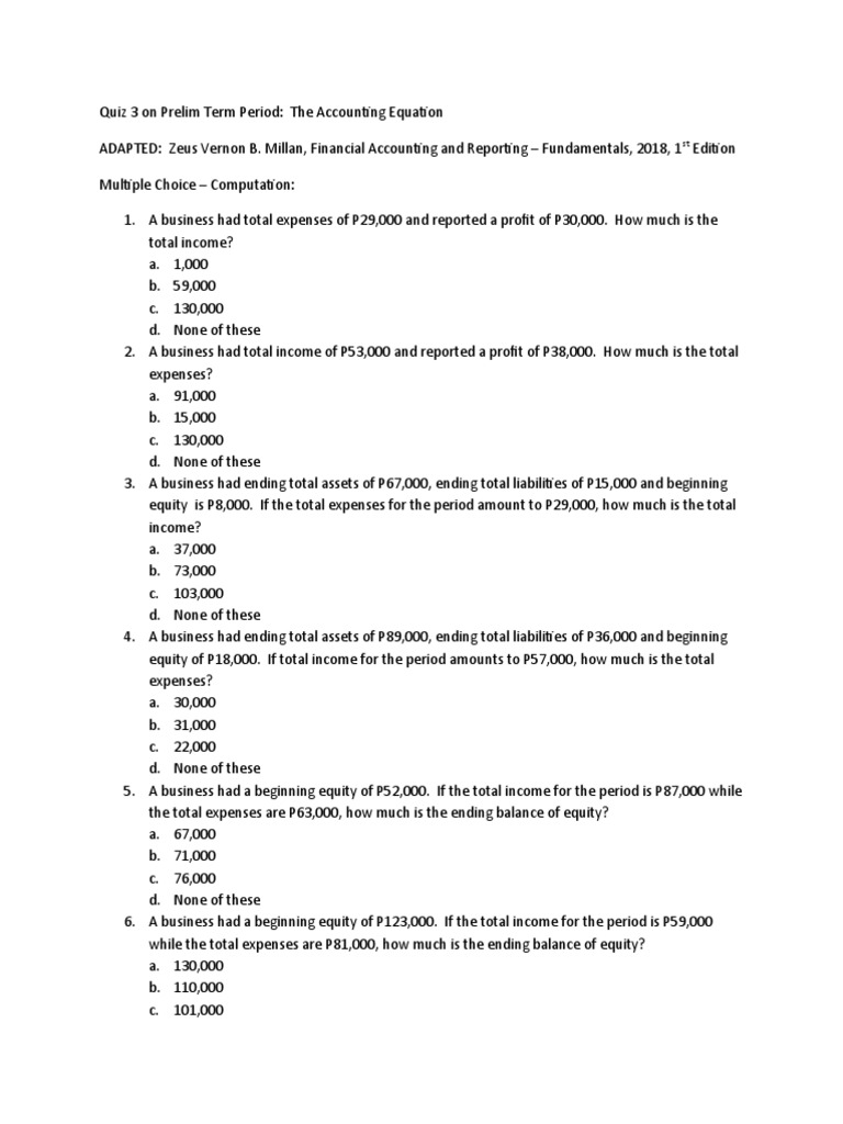 Quiz On The Accounting Equation | PDF | Equity (Finance) | Income
