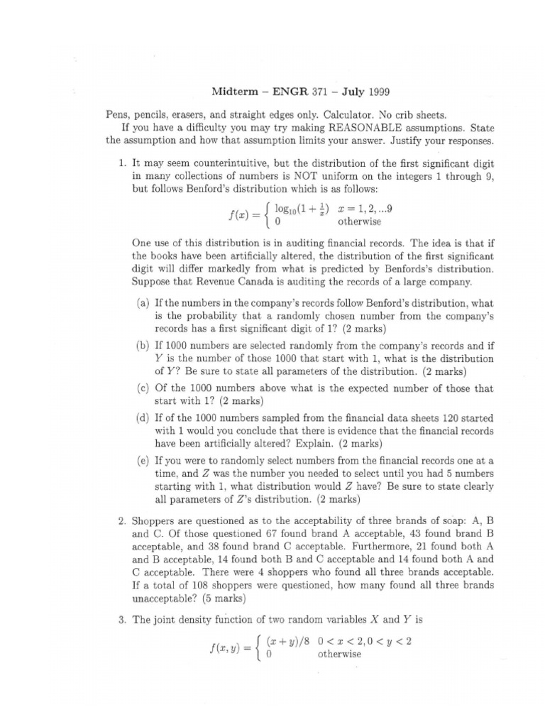 ENGR 371 Midterm July 1999 | Download Free PDF | Expected Value | Probability Density Function