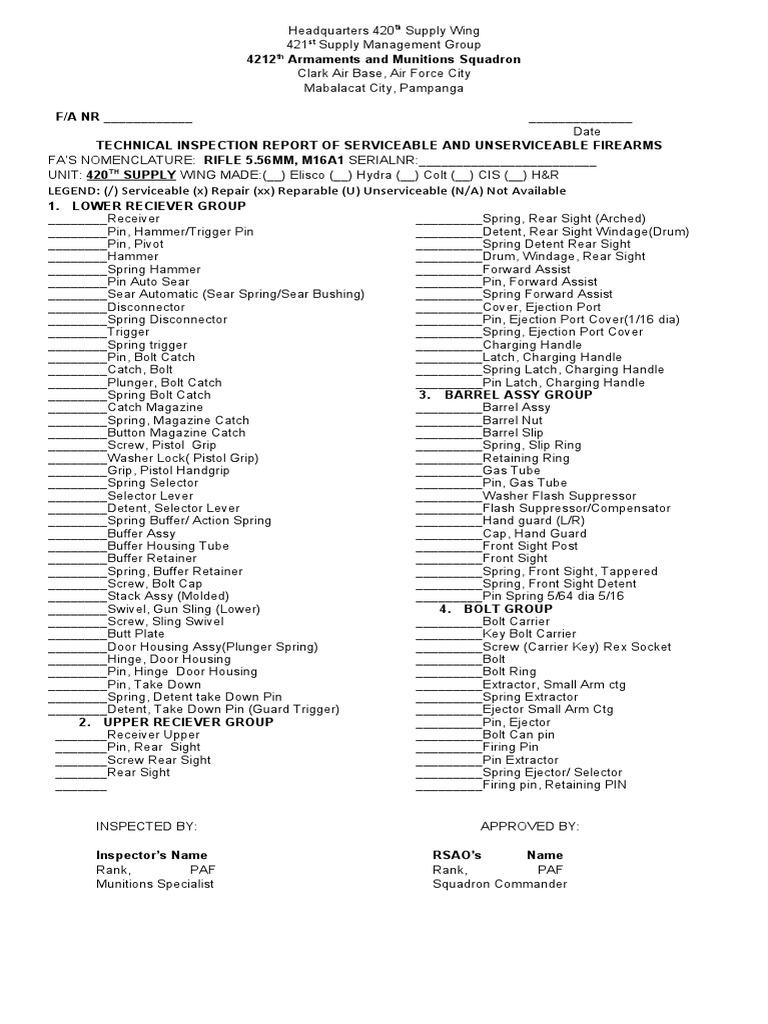 LEGEND: (/) Serviceable (X) Repair (XX) Reparable (U) Unserviceable (N ...