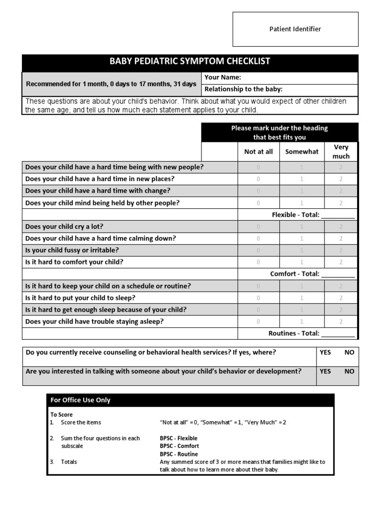 Baby Pediatric Symptom Checklist: Please Mark Under The Heading That ...