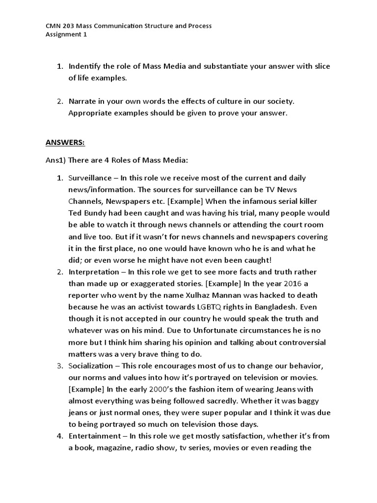 Answers:: CMN 203 Mass Communication Structure and Process Assignment 1 ...