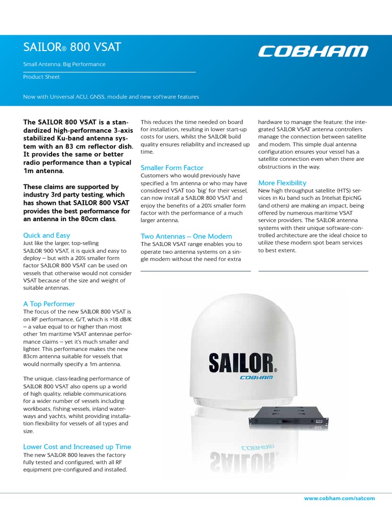 COBHAM SAILOR 800 VSAT Product Sheet | PDF | Very Small Aperture ...