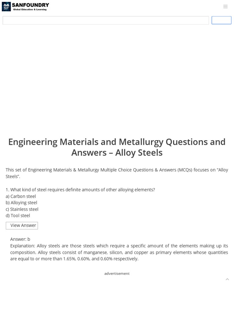 Alloy Steels - Engineering Materials & Metallurgy Questions and Answers ...