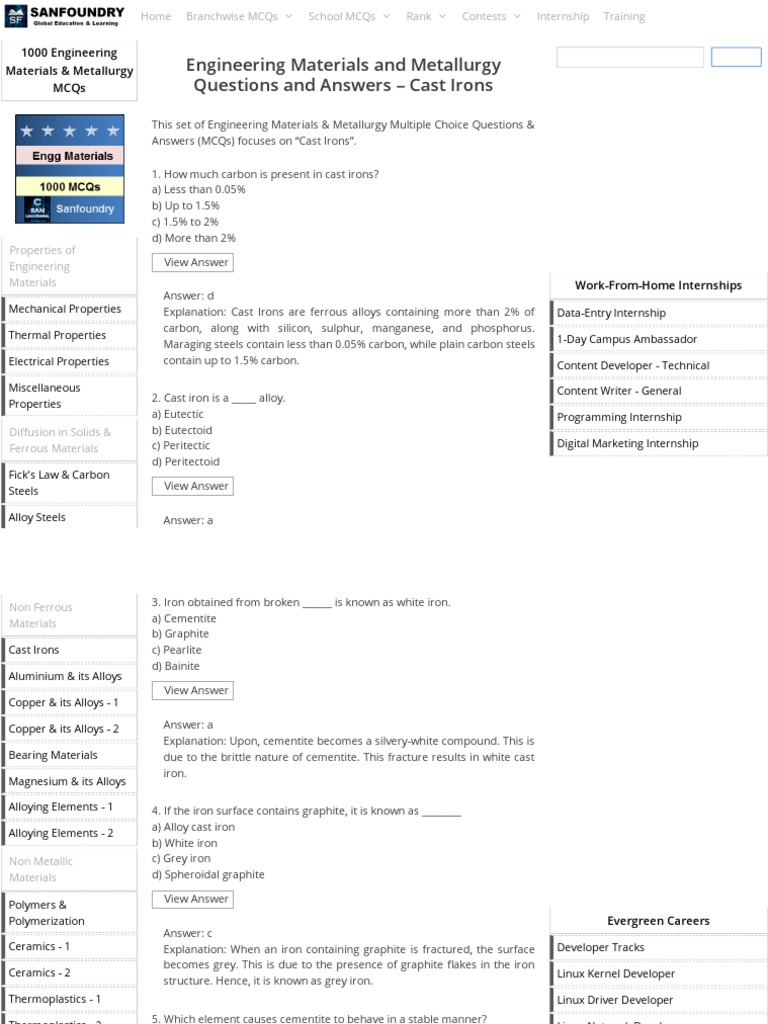 Cast Irons - Engineering Materials & Metallurgy Questions and Answers ...