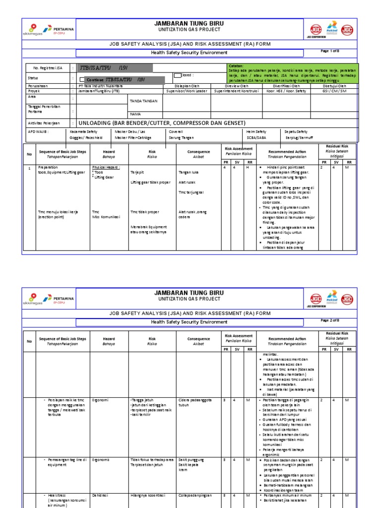 JSA Unloading Genset, Air Man Bar Cutter Dan Bar Bending | PDF