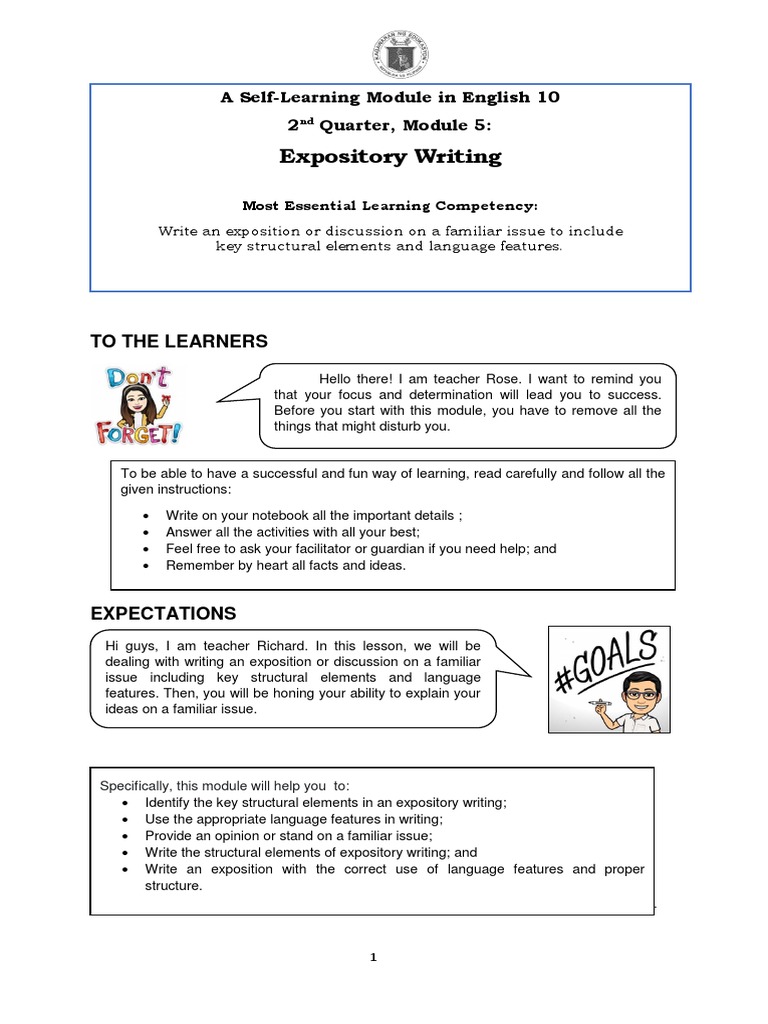 Expository Writing: A Self-Learning Module in English 10 2 Quarter ...