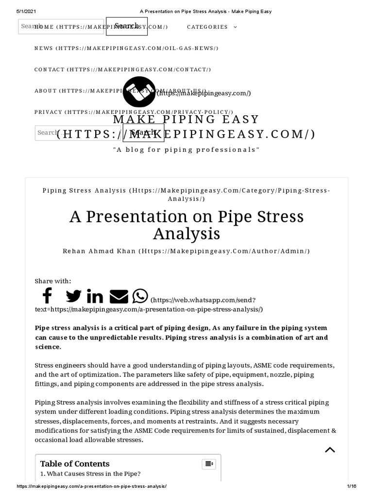 A Presentation On Pipe Stress Analysis - Make Piping Easy | PDF | Stress (Mechanics) | Pipe ...