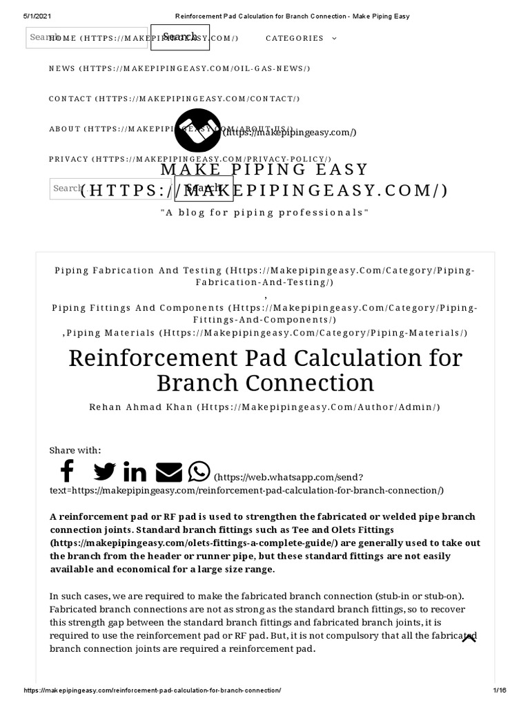 Reinforcement Pad Calculation For Branch Connection - Make Piping Easy ...