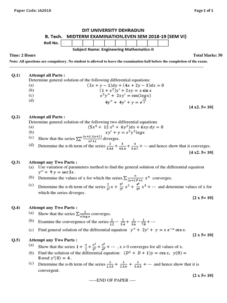 Engineering Mathematics II Even Sem Mid Term 2018-19 (DITUStudentApp ...