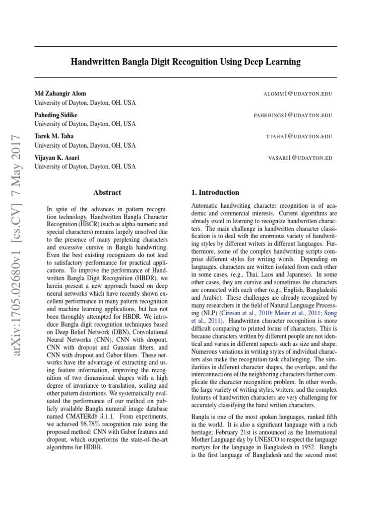 Handwritten Bangla Digit Recognition Using Deep Learning Alomm Udayton Edu Pdf Deep