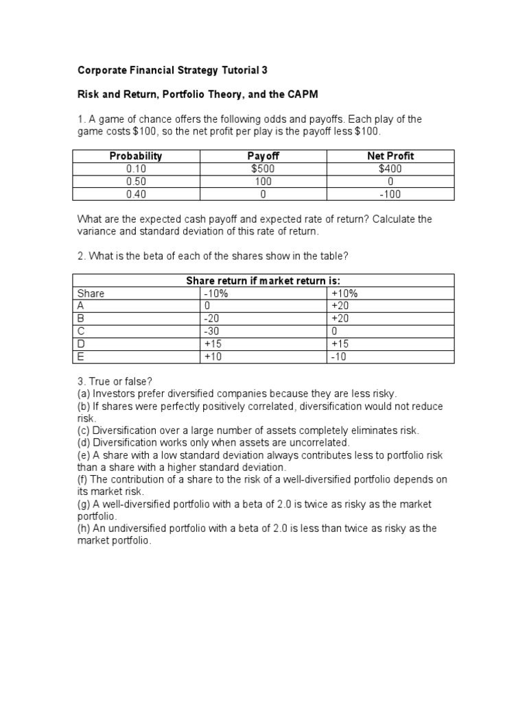 CFS Tutorial 3 Questions | PDF | Diversification (Finance) | Capital ...