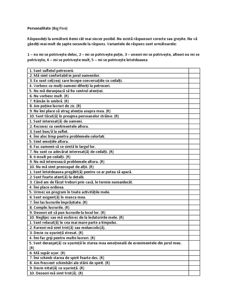 Test Personalitate Big Five | PDF