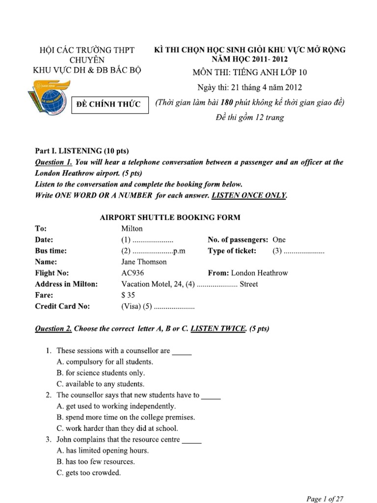 De Thi Hoc Sinh Gioi Tieng Anh Lop 10 Khu Vuc Duyen Hai Va Dong Bang Bac Bo | PDF