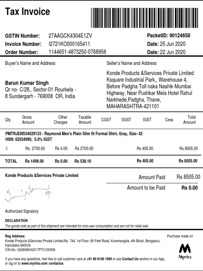 Myntra Invoice of Shirt | PDF | Public Finance | Taxation