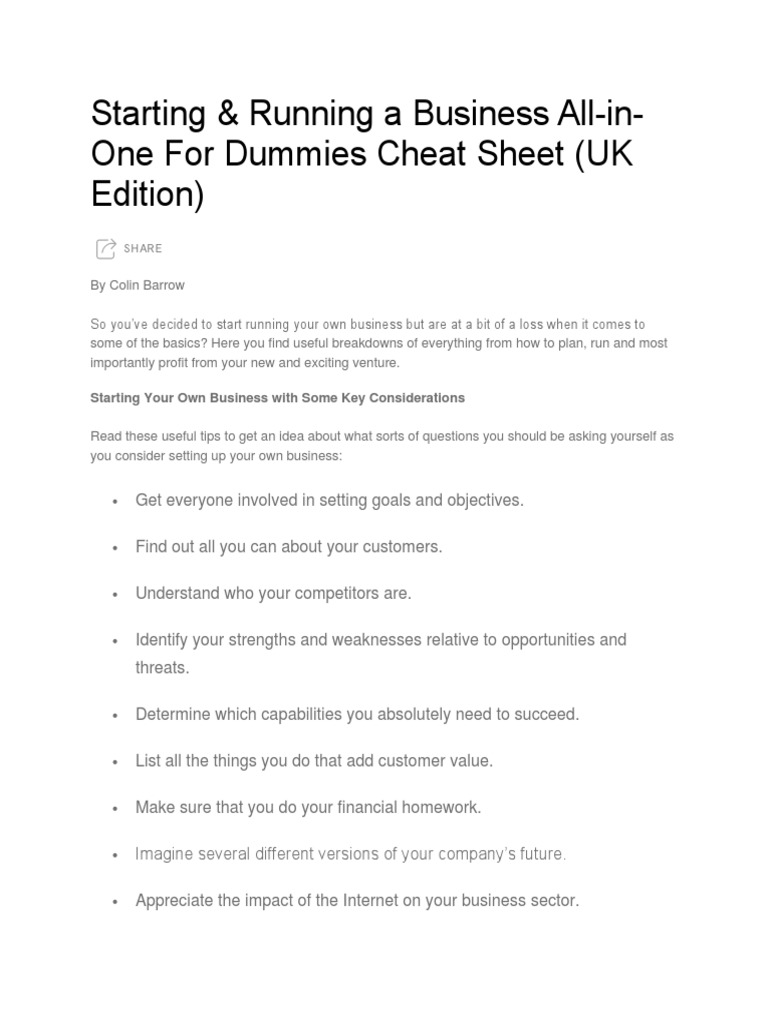 Starting & Running A Business All-in-One For Dummies Cheat Sheet (UK Edition) | PDF ...