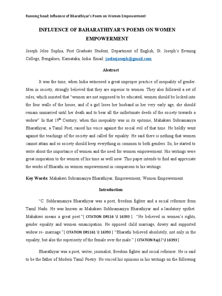 Influence of Baharathiyar's Poem On Women Empowerment | PDF | Empowerment