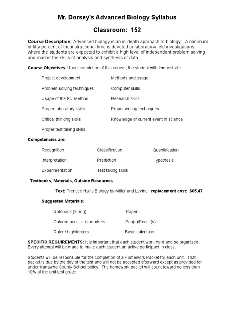 Mr. Dorsey's Advanced Biology Syllabus Classroom: 152 | PDF | Homework ...