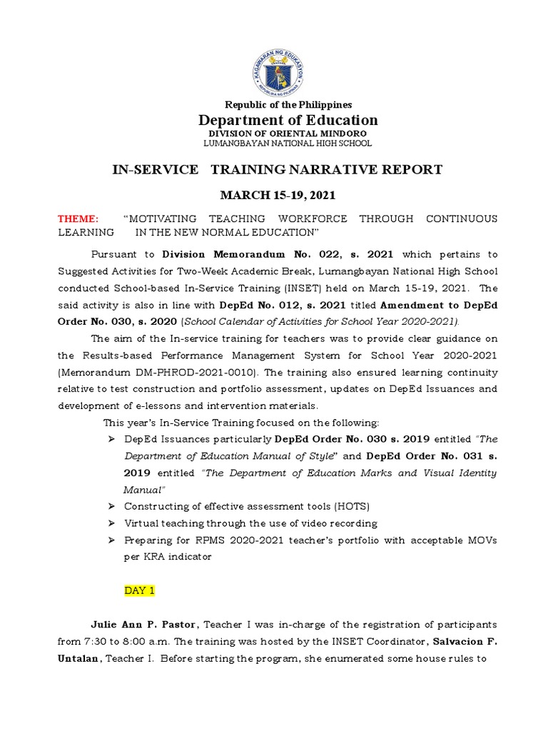 Department of Education: In-Service Training Narrative Report | PDF ...