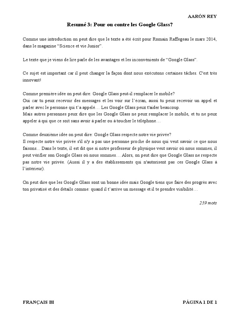 Resumé 3 - Pour Ou Contre Les Google Glass? | PDF | Évolution de carrière