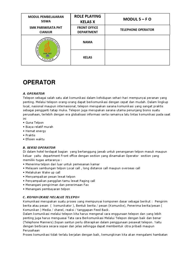 Role Playing Kelas X - Modul 5 Fo - Telephone Operator | PDF