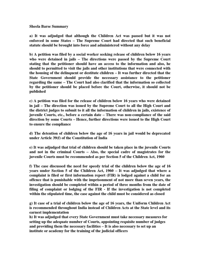 Sheela Barse II and Ors. v. Union of India UOI and Ors. - Summary | PDF ...