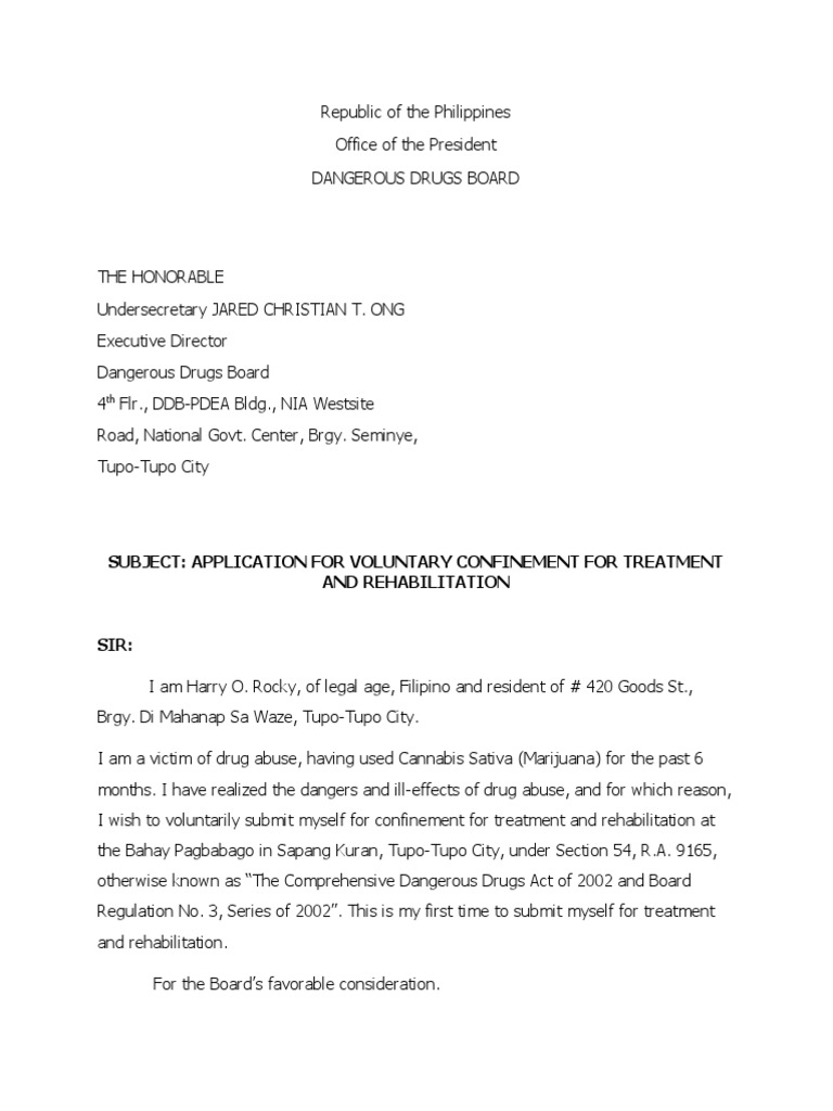 Subject: Application For Voluntary Confinement For Treatment and ...