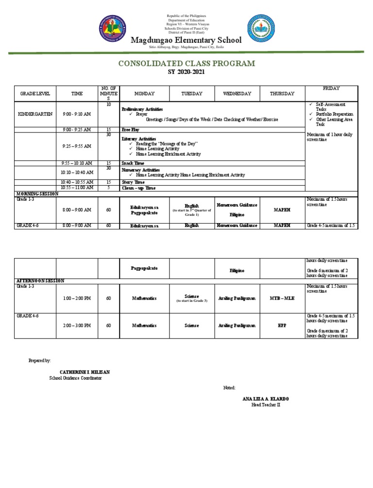 Magdungao Elementary School: Consolidated Class Program | PDF | Educational Institutions ...