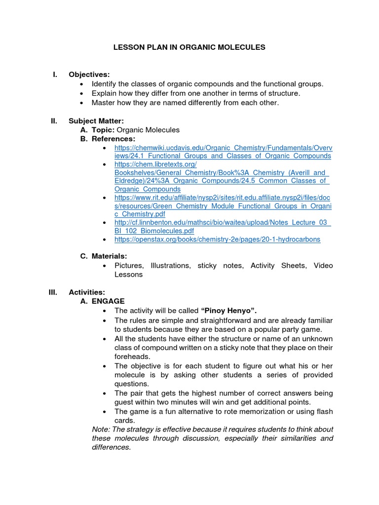 Lesson Plan in Organic Molecules | PDF | Alkene | Functional Group