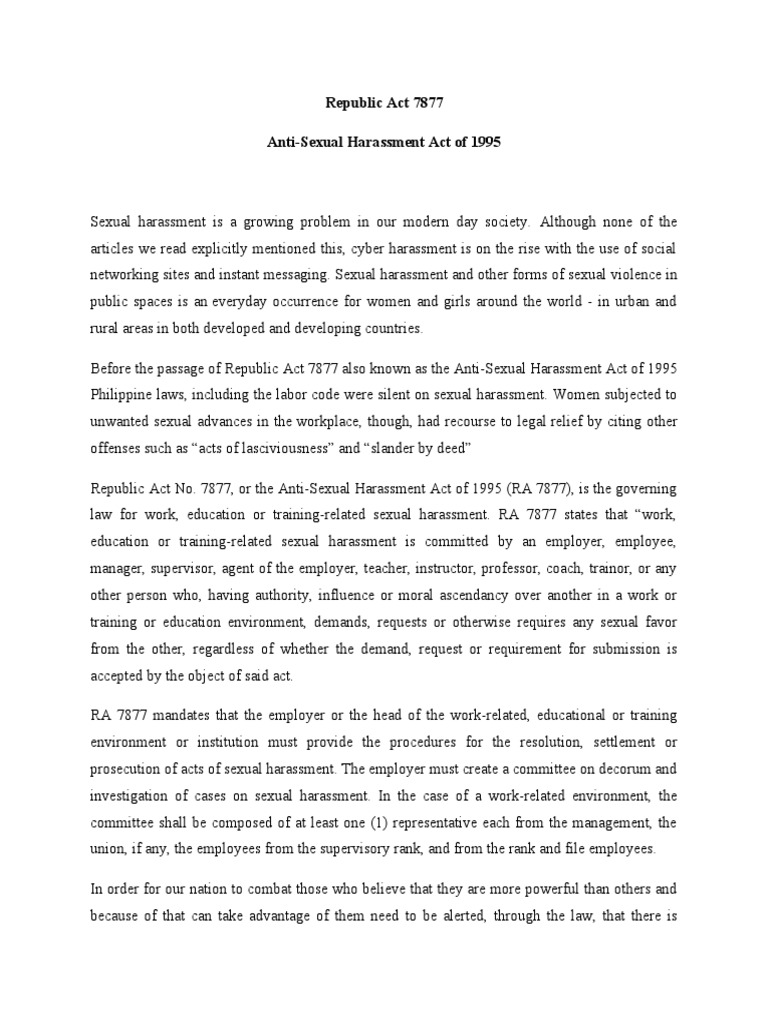 Republic Act 7877 Anti-Sexual Harassment Act of 1995 | PDF | Politics ...