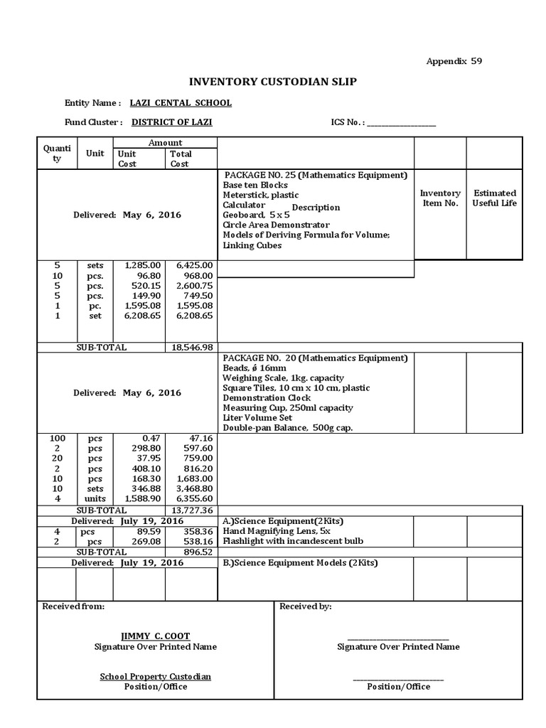 Appendix 59.docx Inventory Custodian Slip | PDF | Teaching Mathematics ...