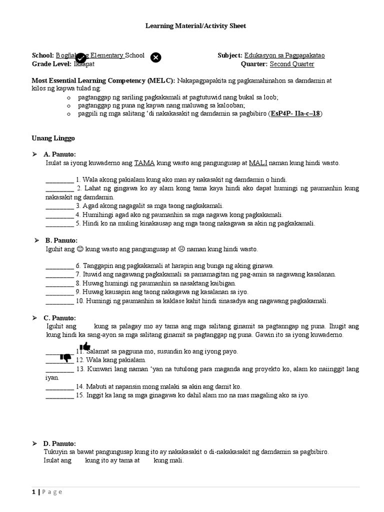 LAS Week 1-EsP Grade 4 (3rd Quarter) | PDF