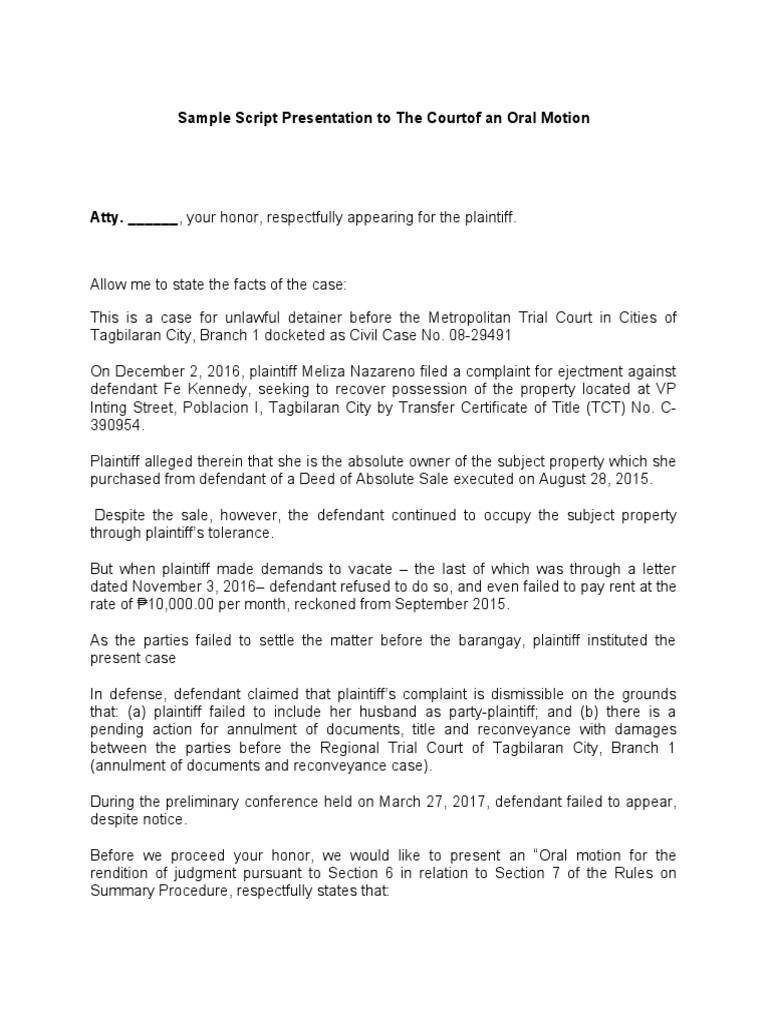 Sample Script Presentation To The Courtof An Oral Motion | PDF ...