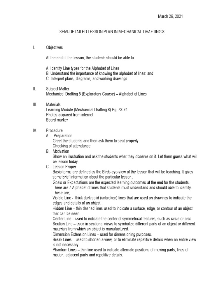 Mechanical Drafting Semi - Detailed Lesson Plan (Exploratory Course ...