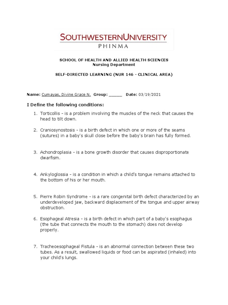 School of Health and Allied Health Sciences Nursing Department Self ...