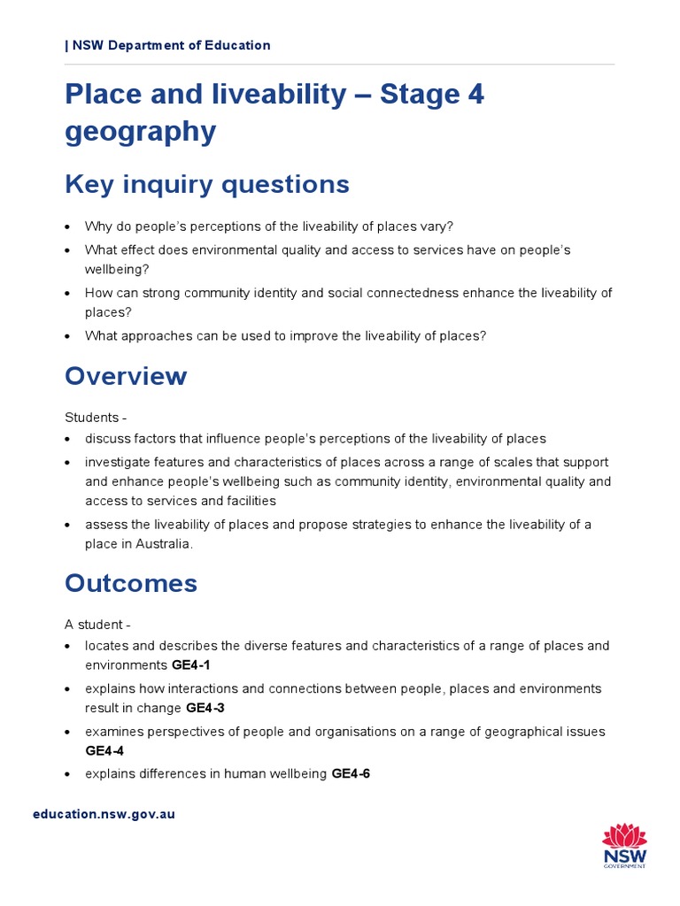 Place and Liveability - Stage 4 Geography: Key Inquiry Questions | PDF ...