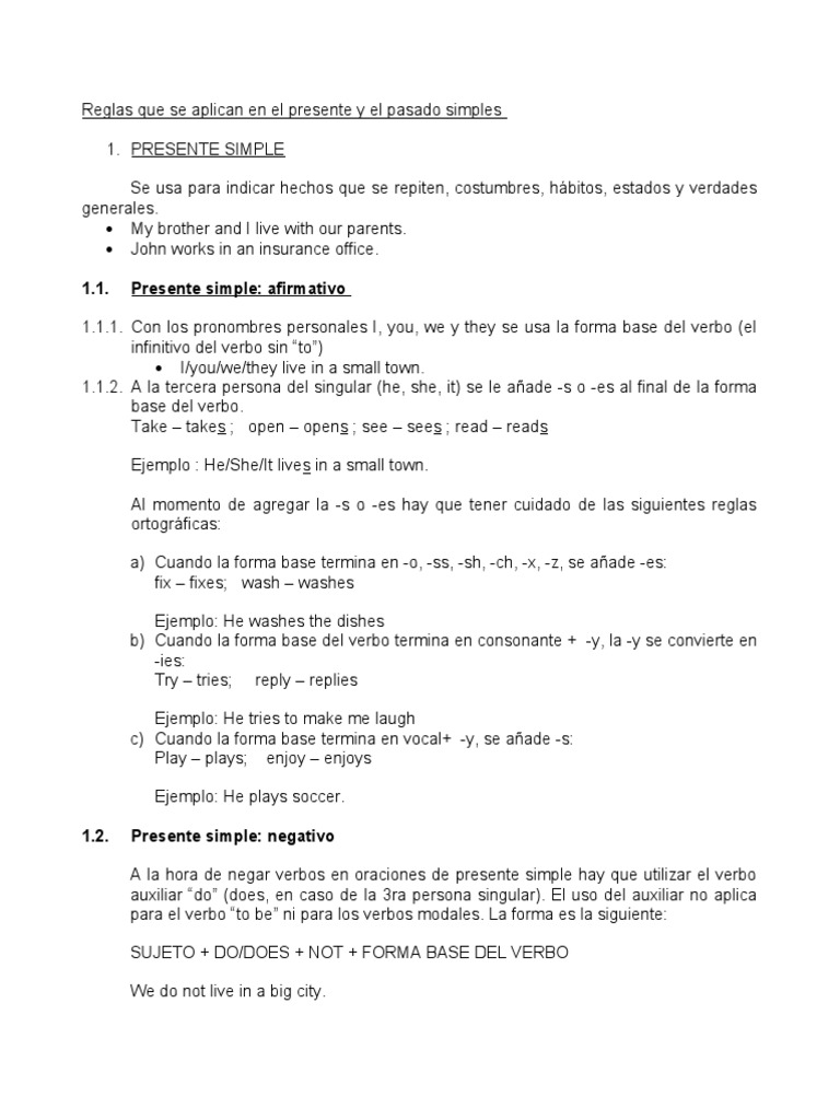 Reglas del Presente y Pasado Simples | PDF | Verbo | Asunto (gramática)