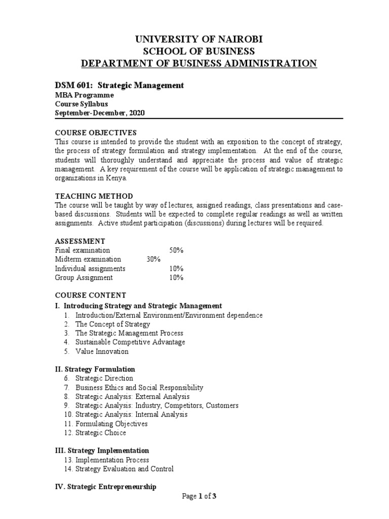 DSM 601 Sept. 2020 Course Outline | PDF | Strategic Management | Human ...