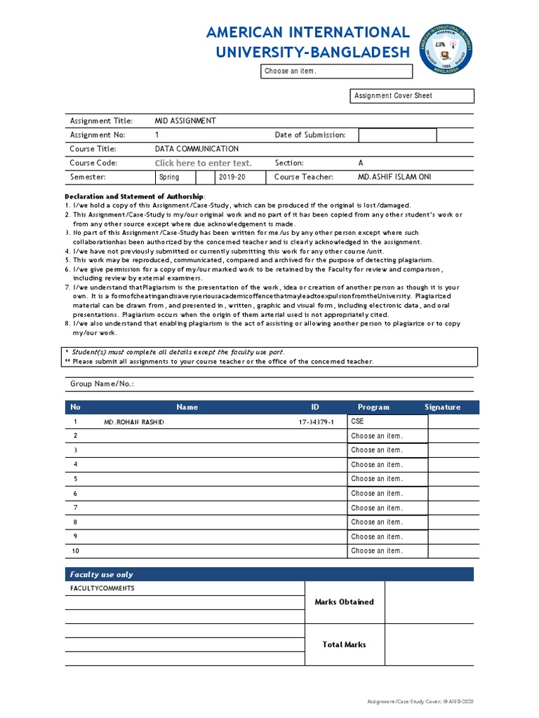 AIUB Assignment Cover Sheet | PDF | Plagiarism | Business