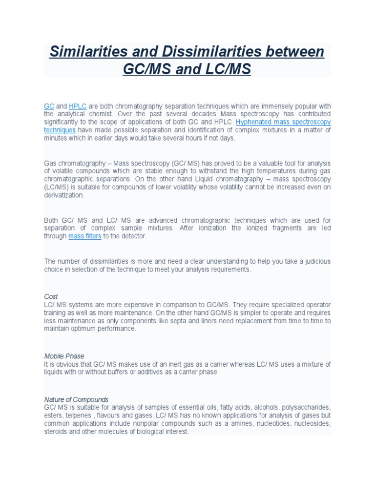Similarities and Dissimilarities Between GCMS and LCMS PDF | PDF ...