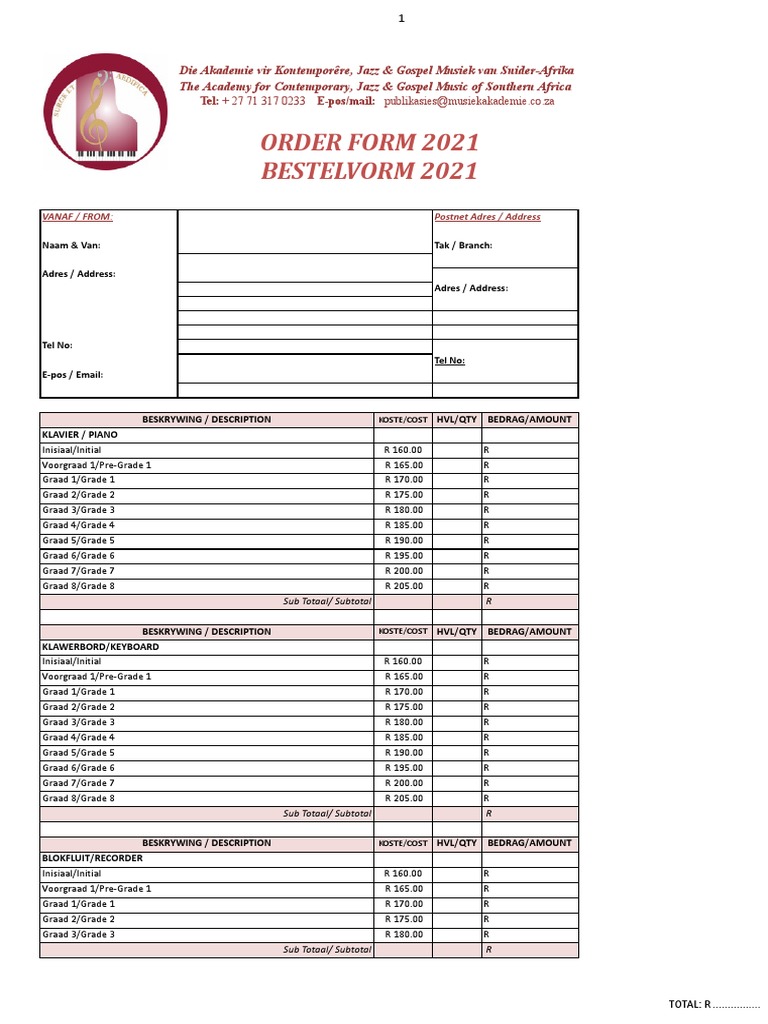 Bestelvorm 2021 - Musiek Akademie | PDF