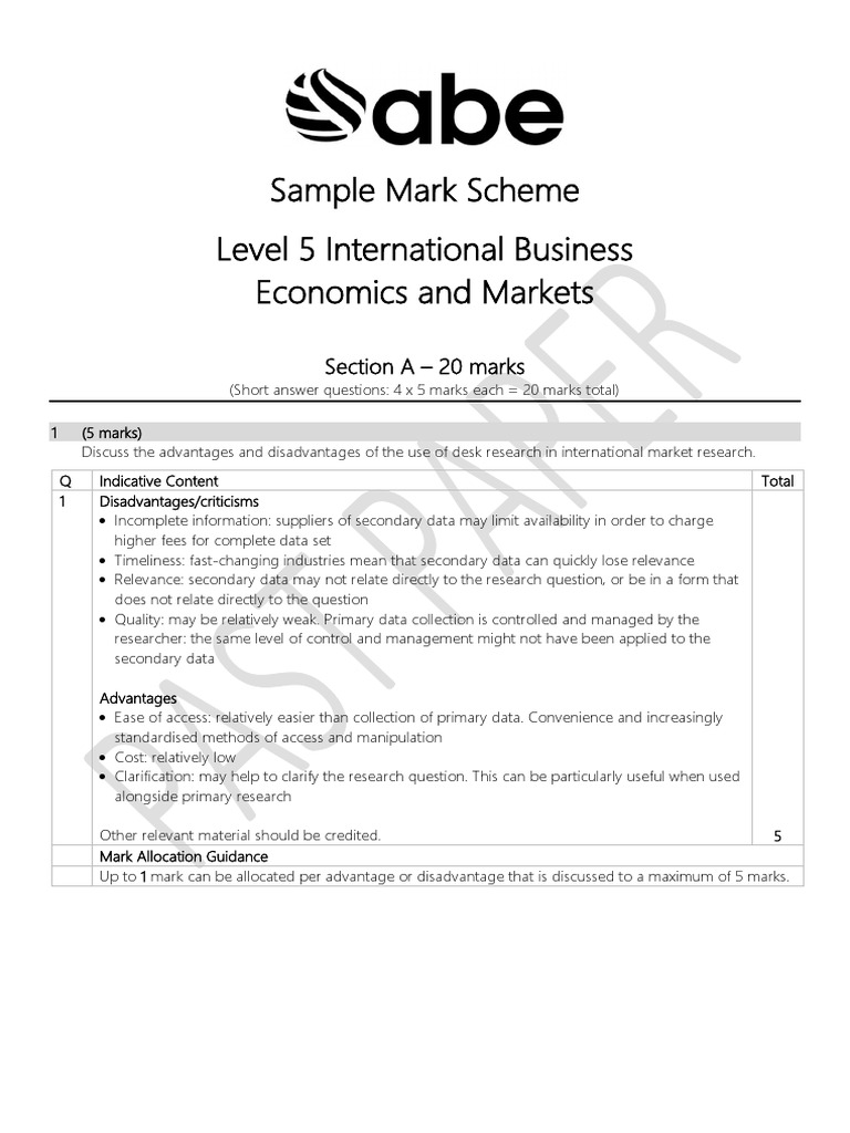 Sample Mark Scheme Level 5 International Business Economics and Markets ...