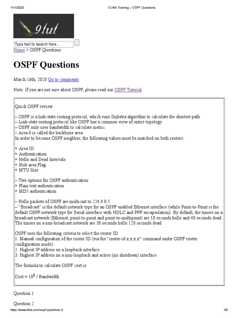 CCNA Training OSPF Questions | PDF | Network Protocols | Computer Network