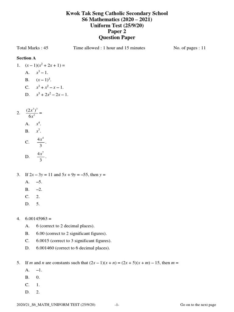 20-21 S6 Maths Uniform Test (25!9!20) Question Paper | PDF | Cartesian ...
